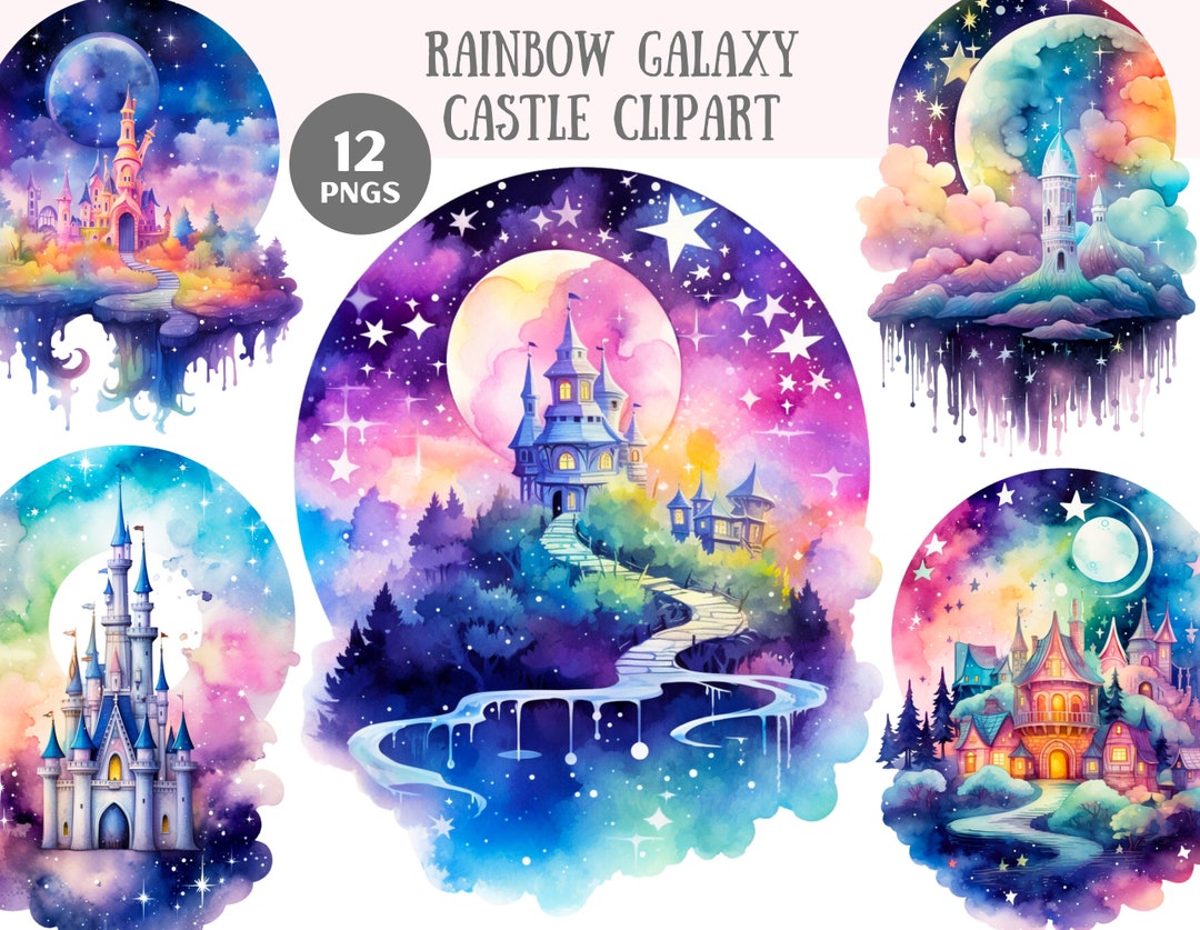 Watercolour Rainbow Galaxy Castle Clipart Fairytale Fantasy PNG Digital ...