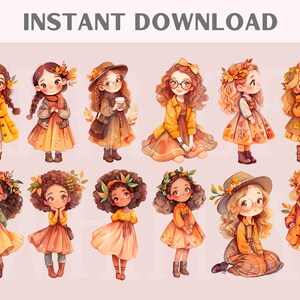 Watercolour Kawaii Autumn Girl Clipart Cute Chibi Fall Girl PNG Digital ...
