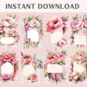 Watercolour Pink Floral Tag Clipart Rose Label PNG Digital Image ...