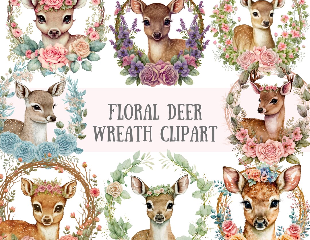 Watercolour Shabby Chic Floral Deer Wreath Clipart - PNG Digital Image ...