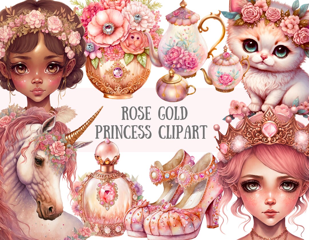 Watercolour Rose Gold Princess Clipart - Royal Fantasy PNG Digital ...