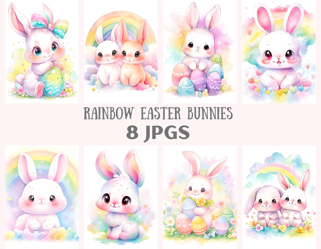 Watercolour Rainbow Easter Bunnies Clipart Easter Rabbit JPG Digital ...