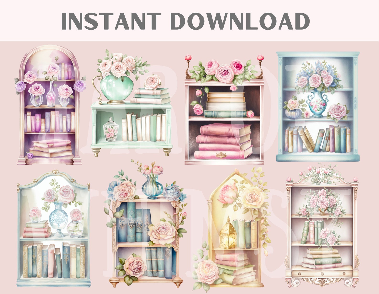 Watercolour Pastel Bookcase Clipart Bookshelf Bookworm PNG Digital ...