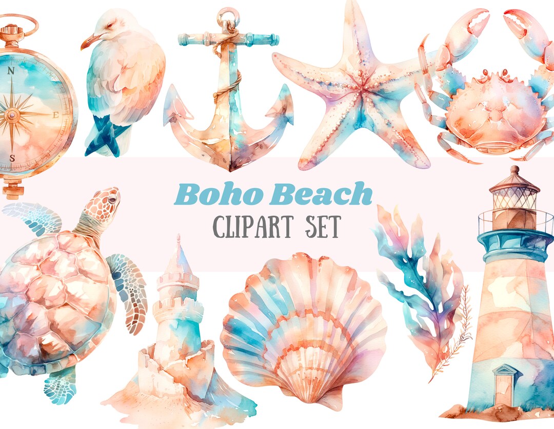 Watercolour Boho Beach Clipart Seaside Day at the Beach PNG Digital ...