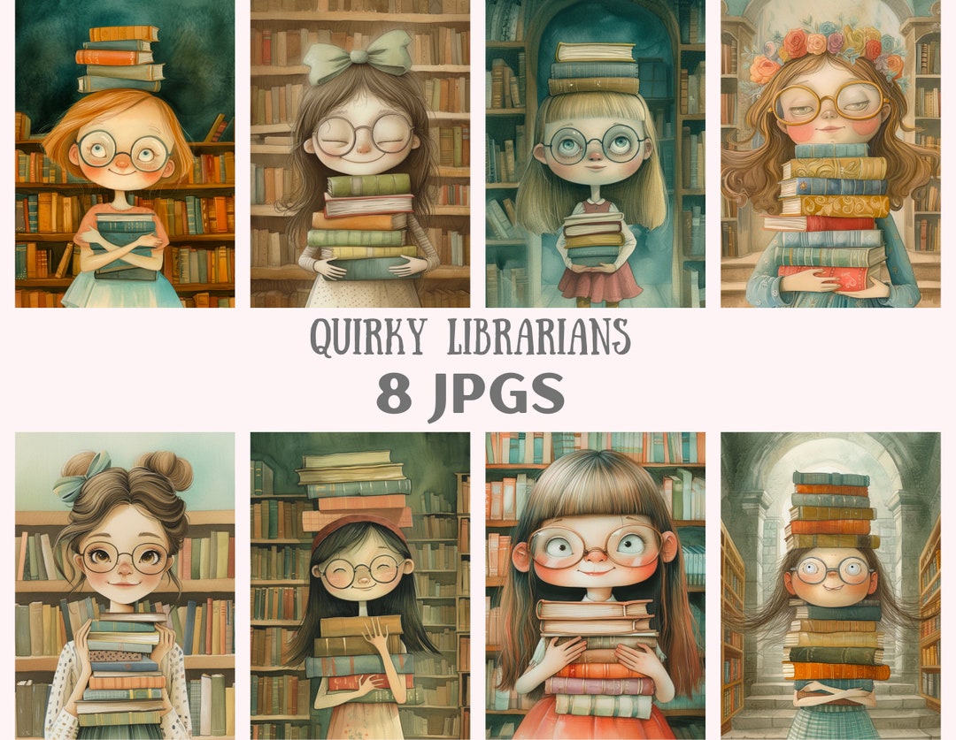 Watercolour Quirky Librarian Clipart Whimsical Book Lover JPG Digital ...