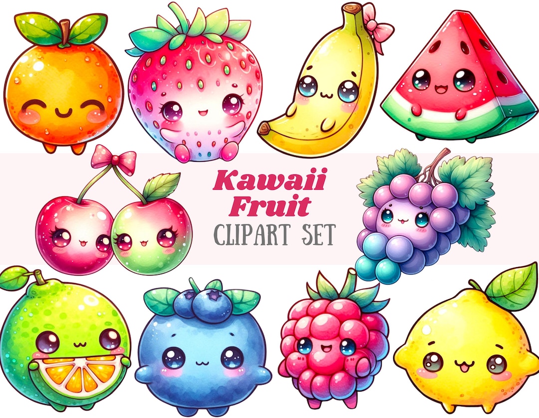 Watercolour Kawaii Fruit Clipart Cute Fruit With Faces PNG Digital ...