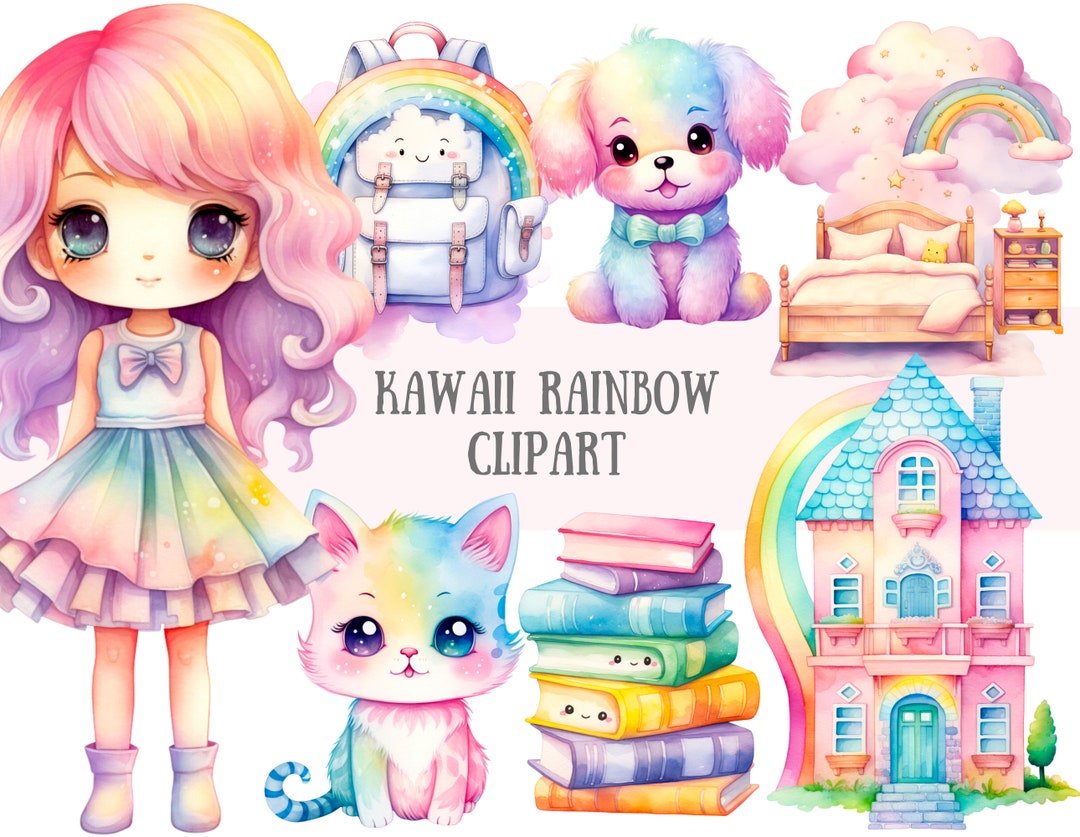 Watercolour Kawaii Rainbow Clipart Cute Girls Room PNG Digital Image ...