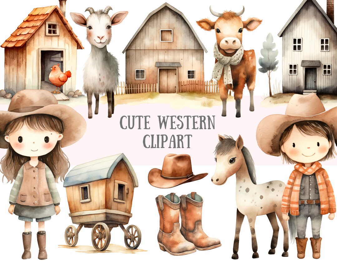 Watercolour Cute Western Clipart Cowboy Cowgirl Wild West PNG Digital ...