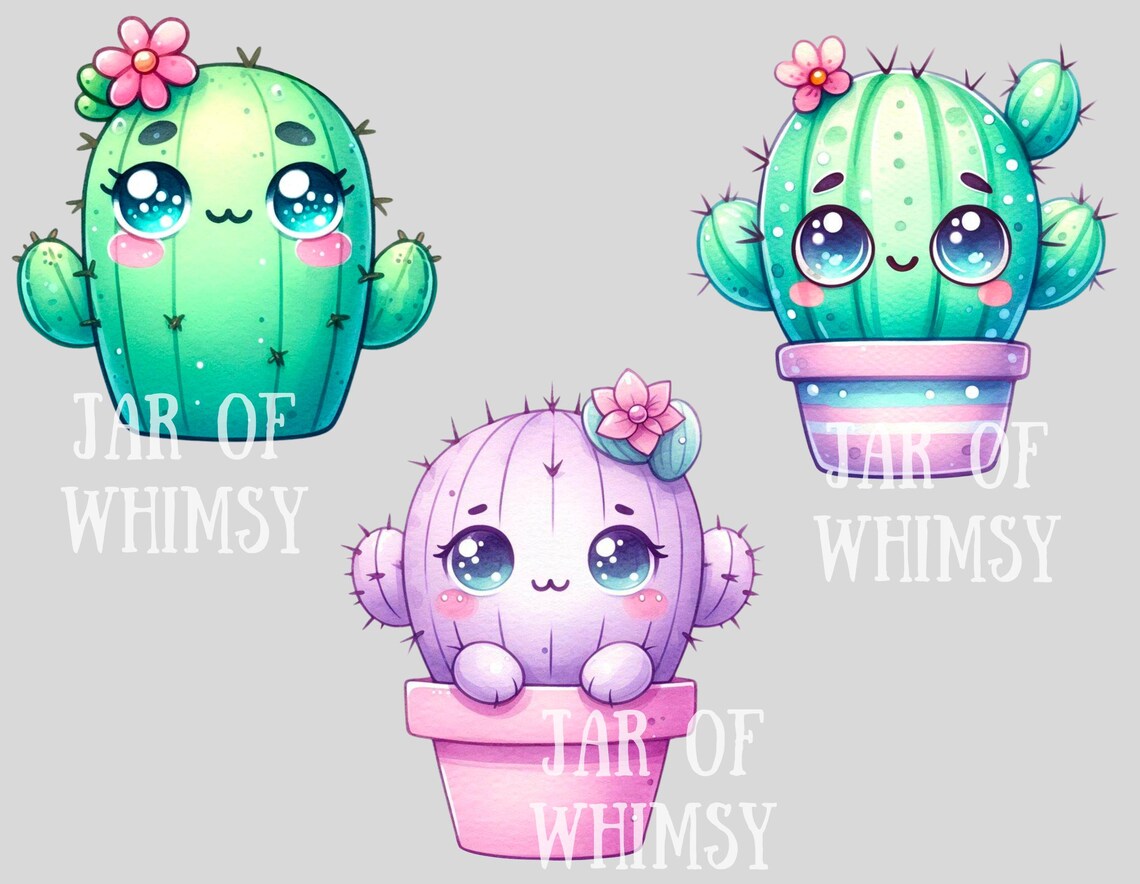 Watercolour Kawaii Cactus Clipart Cute Cactus Pot Plant PNG Digital ...