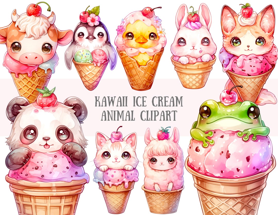 Watercolour Kawaii Ice Cream Animal Clipart Chibi Sundae PNG Digital ...