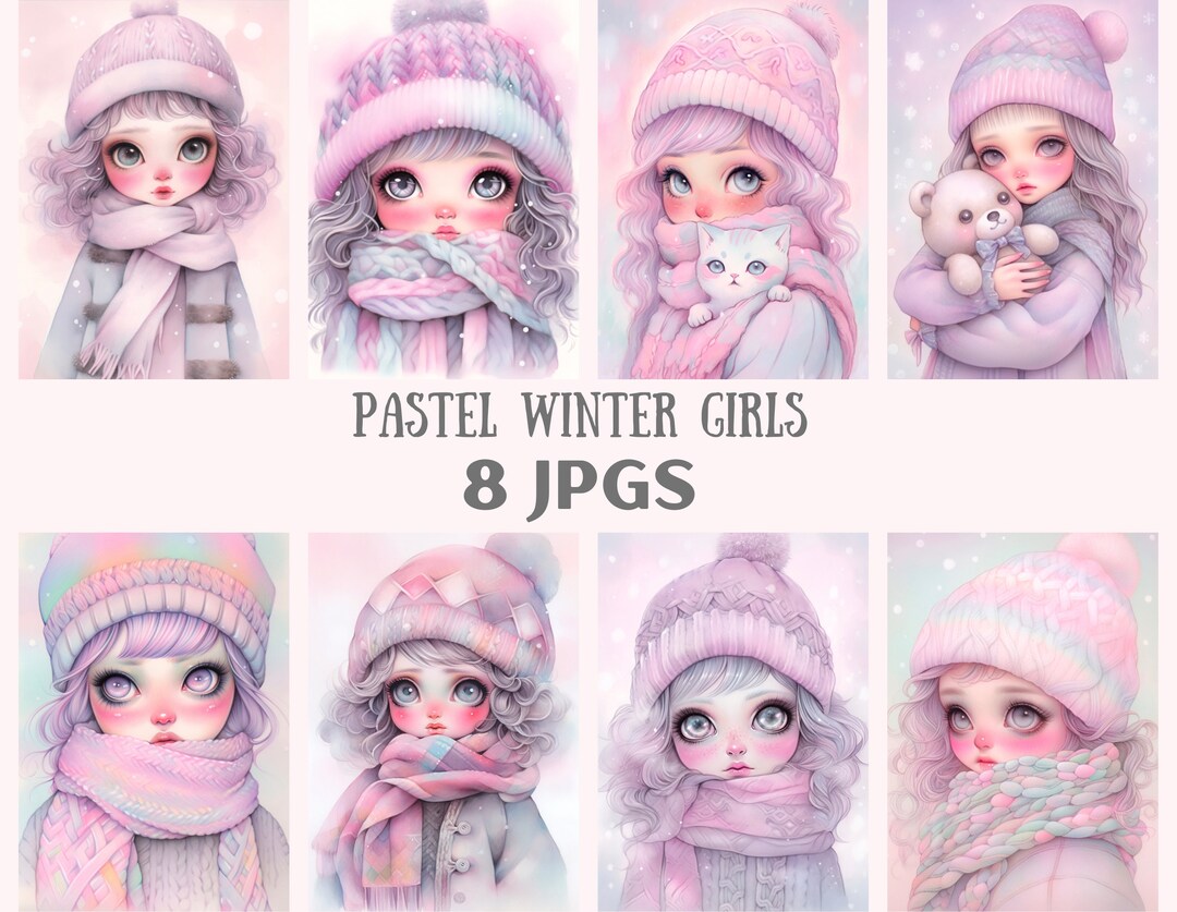 Watercolour Pastel Winter Girl Clipart Cute Big Eyed Girl JPG Digital ...