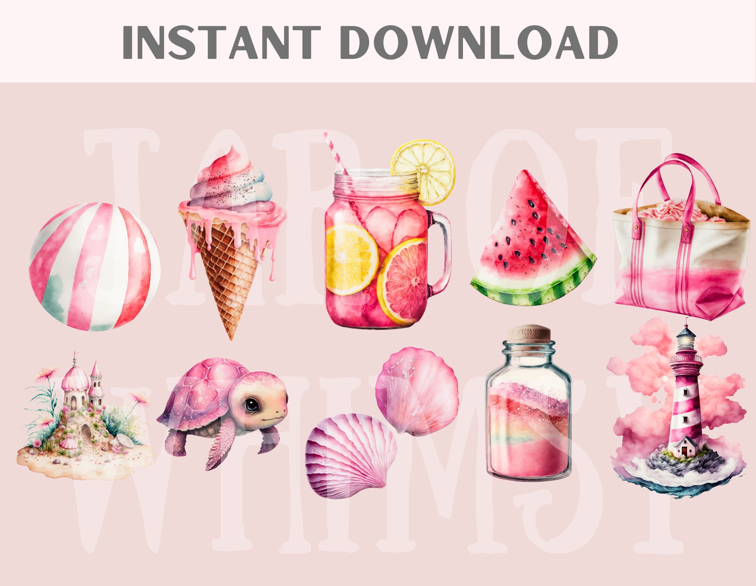 Watercolour Pink Seaside Clipart Turtles Shells PNG Digital - Etsy UK