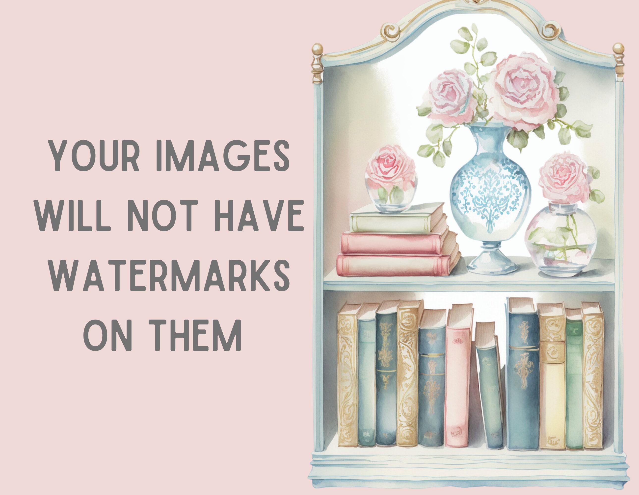 Watercolour Pastel Bookcase Clipart Bookshelf Bookworm PNG Digital ...