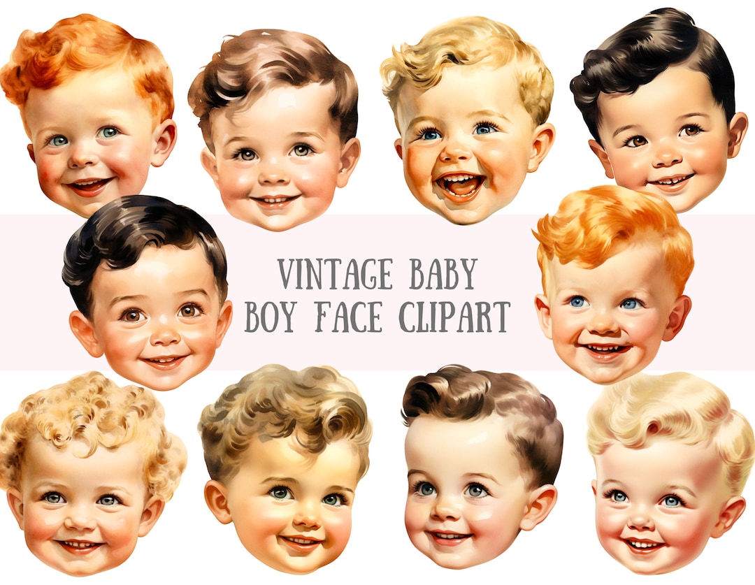 Watercolour Vintage Baby Boy Face Clipart Retro Baby Shower PNG Digital ...