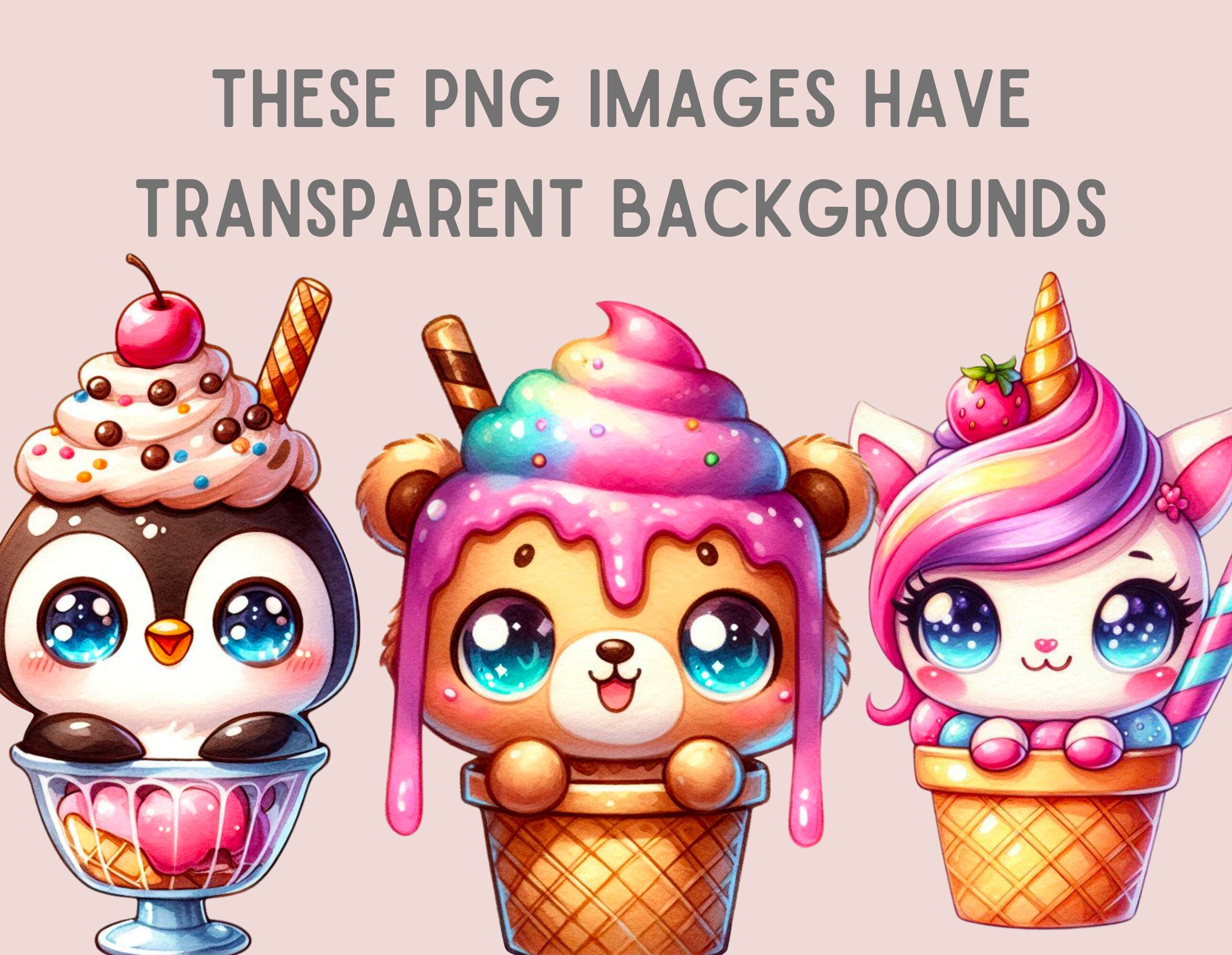 Watercolour Kawaii Ice Cream Animal Clipart Chibi Sundae PNG Digital ...