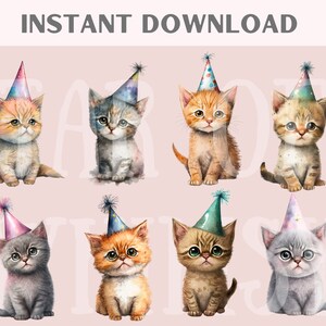 Watercolour Party Cats Clipart Cute Kitten Birthday PNG Digital Image ...