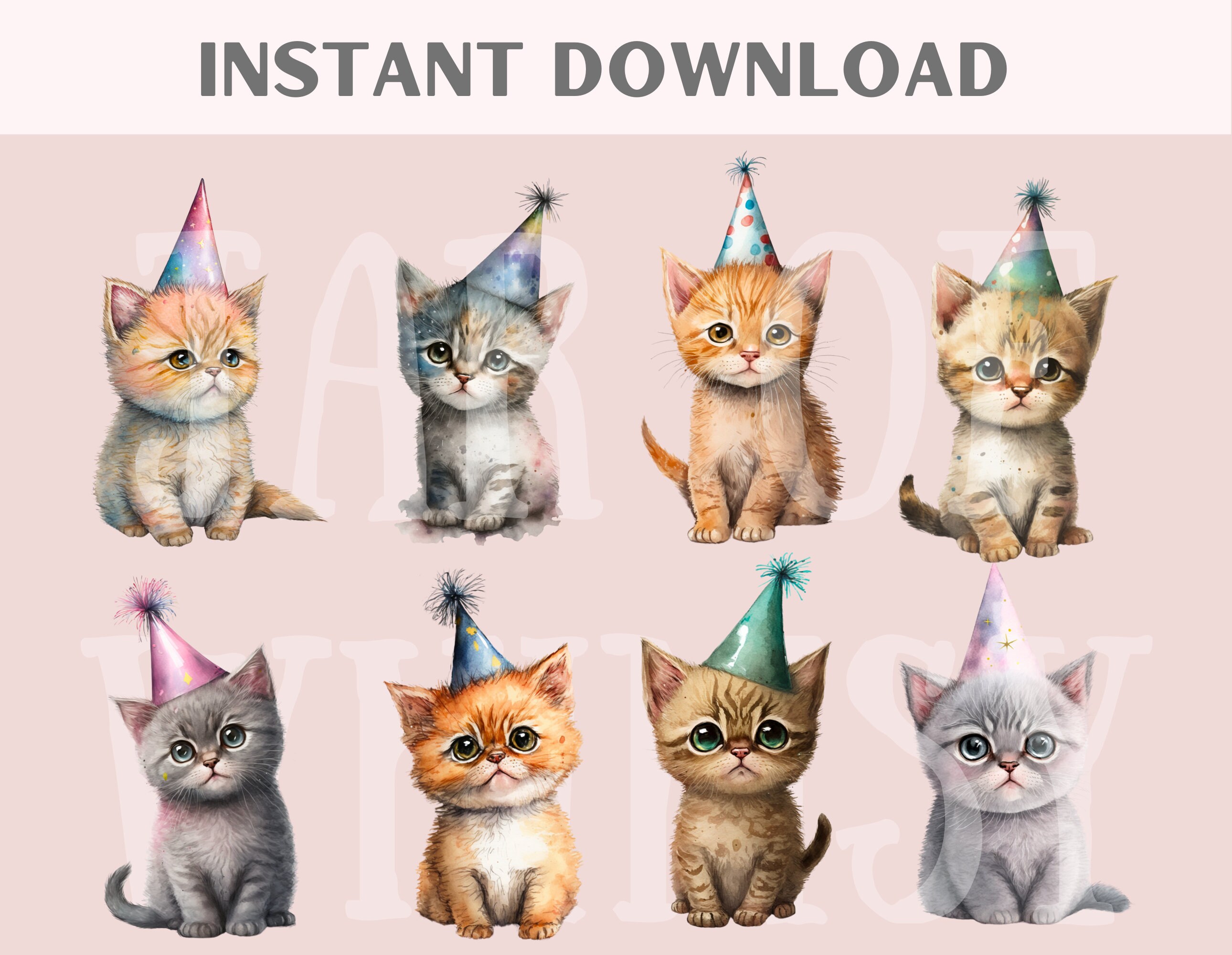 Watercolour Party Cats Clipart Cute Kitten Birthday PNG Digital Image ...