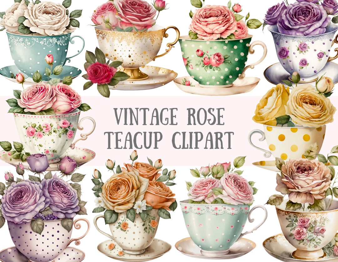 Watercolour Vintage Rose Teacup Clipart - Tea Time PNG Digital Image ...