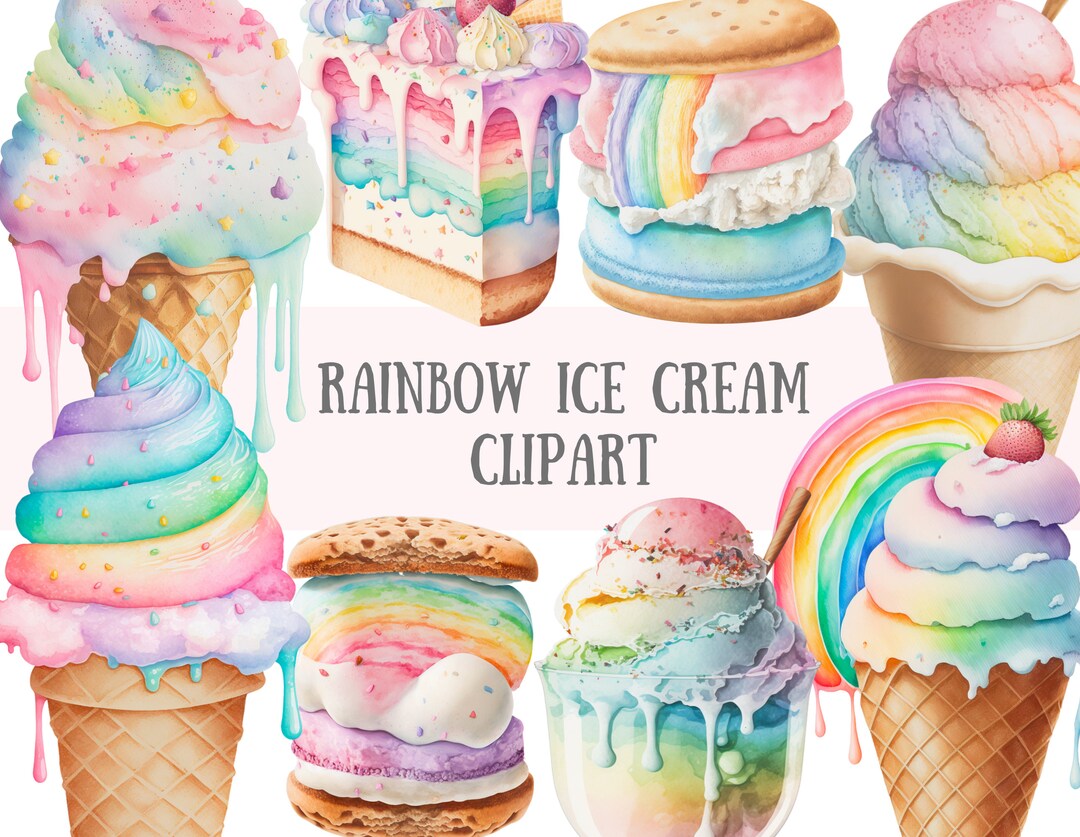 Watercolour Rainbow Ice Cream Clipart - Kawaii Summer PNG Digital Image ...