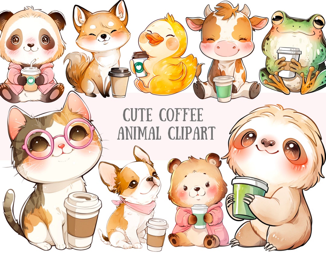 Watercolour Cute Coffee Animal Clipart Takeaway Coffee Cup PNG Digital ...