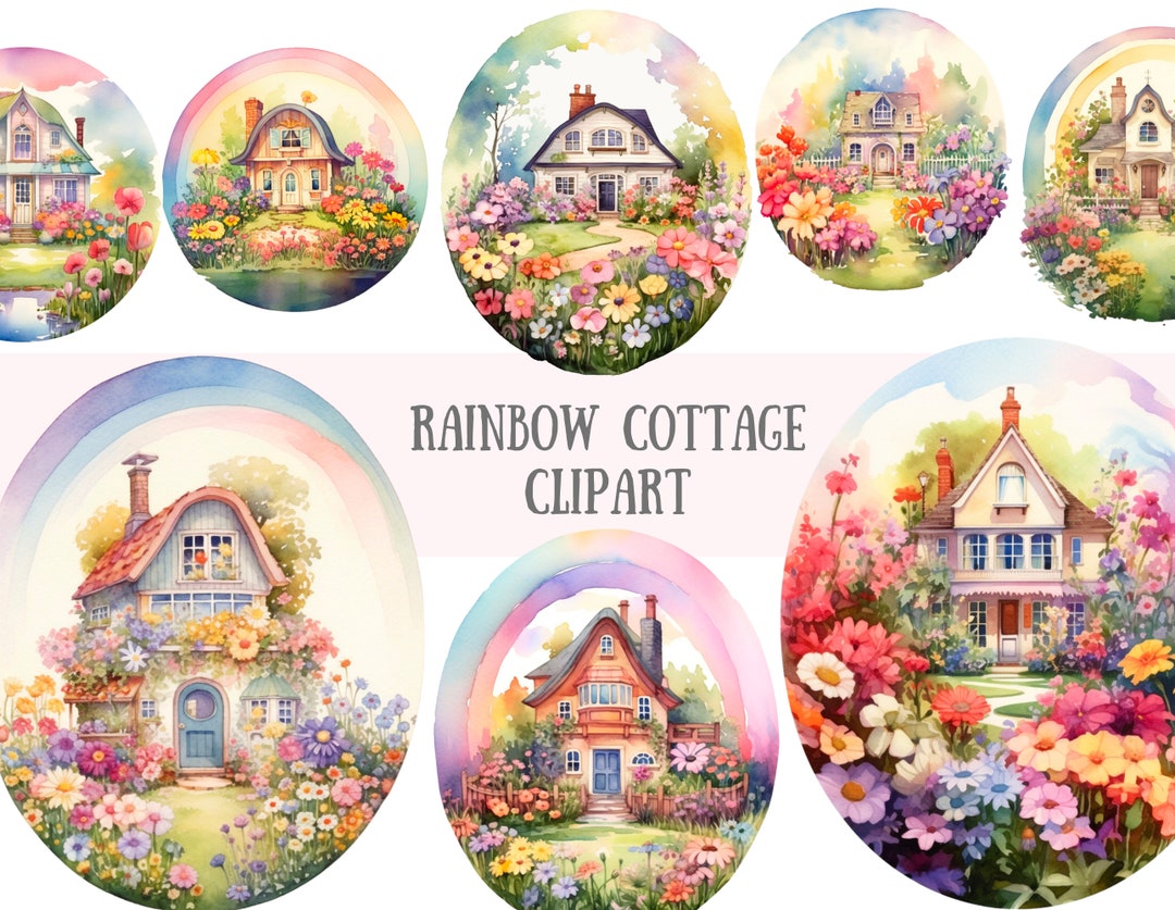 Watercolour Rainbow Cottage Clipart Spring Garden PNG Digital Image ...