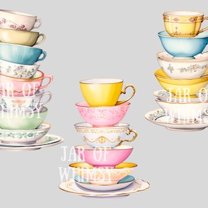 Watercolour Tall Teacup Stack Clipart Pretty Tea Party PNG Digital ...