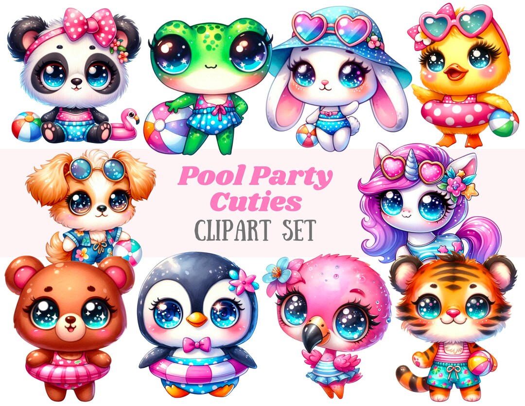Watercolour Pool Party Animal Clipart Cute Beach Animals PNG Digital ...