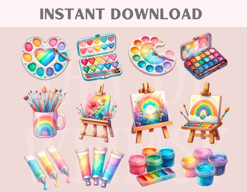 Watercolour Art Supplies Clipart Rainbow Artist Painting PNG Digital ...