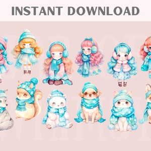 Watercolour Kawaii Winter Clipart Cute Chibi Winter Girls PNG Digital ...
