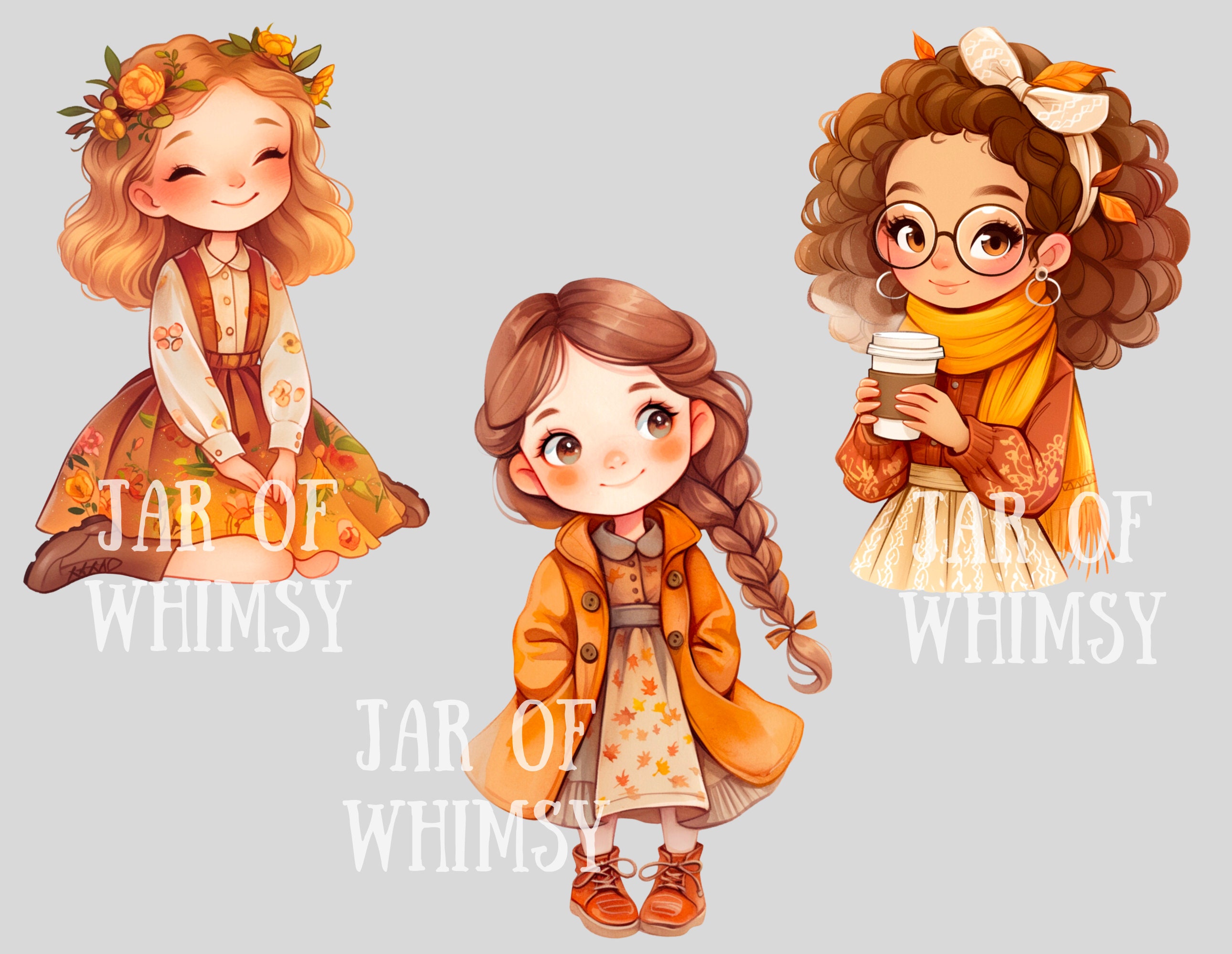 Watercolour Kawaii Autumn Girl Clipart Cute Chibi Fall Girl PNG Digital ...