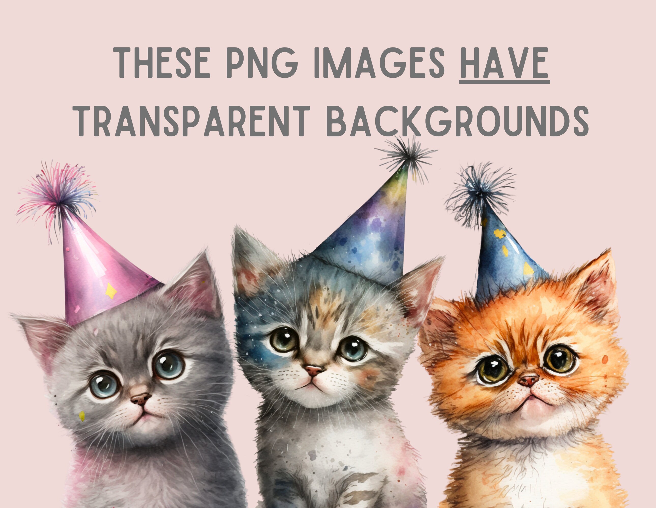 Watercolour Party Cats Clipart Cute Kitten Birthday PNG Digital Image ...