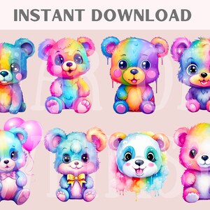 Watercolour Bright Rainbow Bears Clipart Kawaii Teddy Bear PNG Digital ...