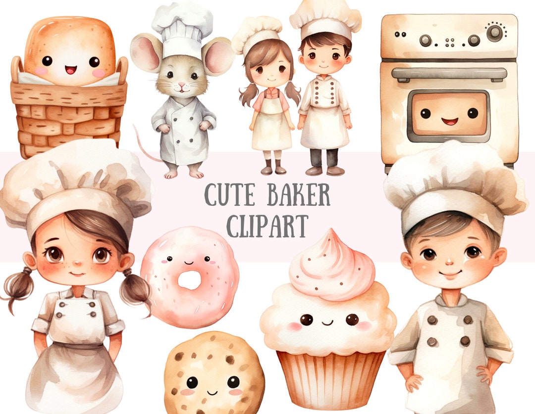 Watercolour Cute Baker Clipart Kawaii Cupcake Bakery PNG Digital Image ...