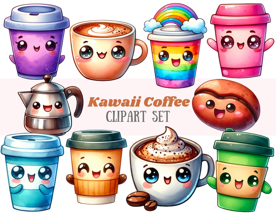 Watercolour Kawaii Coffee Clipart Cute Coffee Cup Mug PNG Digital Image ...
