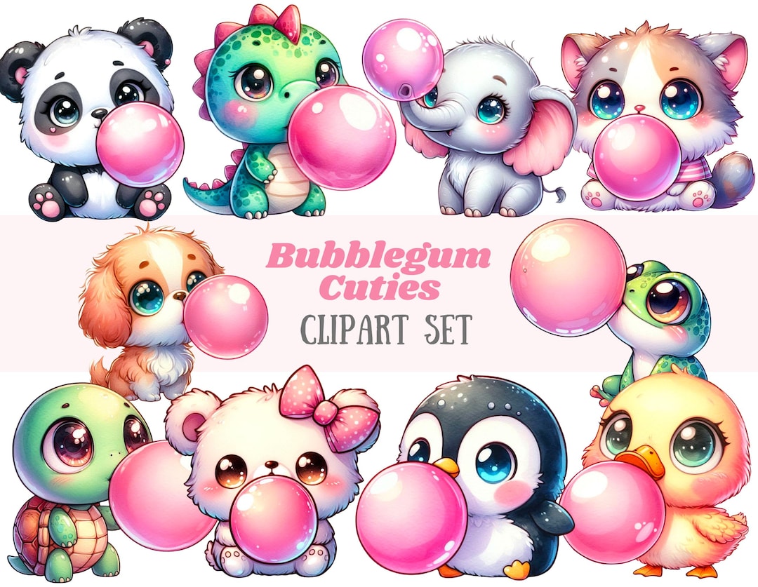 Watercolour Bubblegum Animal Clipart Bubble Blowing Animals PNG Digital ...