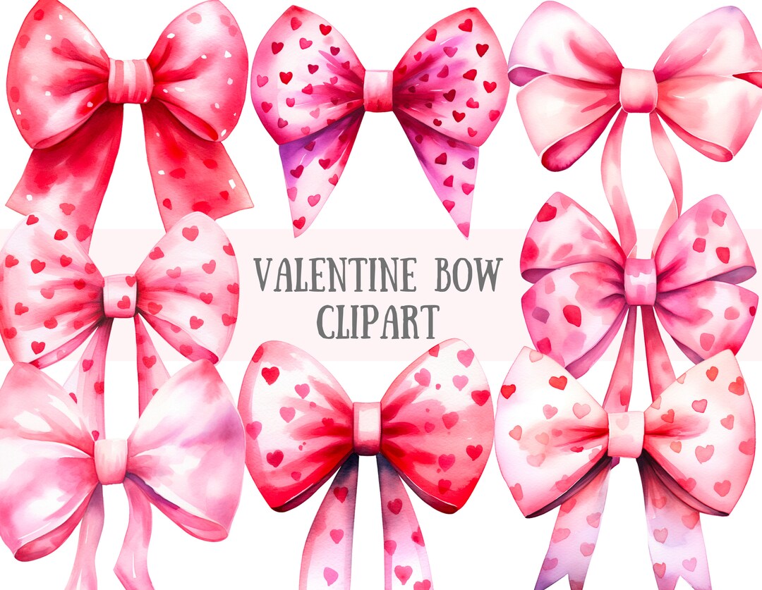 Watercolour Valentine Bows Clipart Pink and Red Heart Bow PNG Digital ...