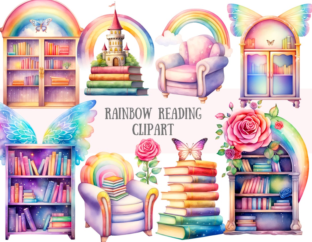 Watercolour Rainbow Reading Clipart Book Lover PNG Digital Image ...