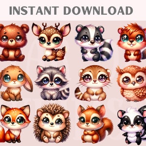 Watercolour Woodland Animal Clipart Kawaii Forest Animals PNG Digital ...