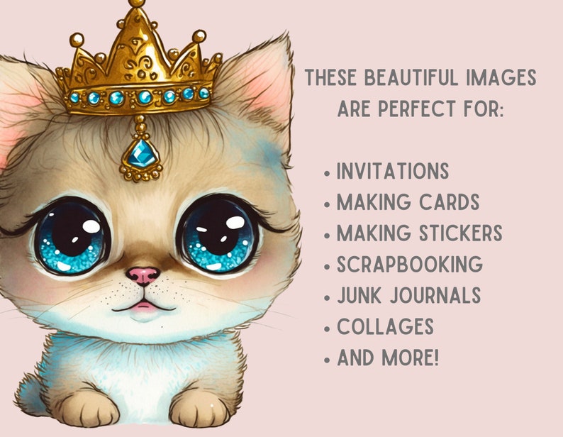 Watercolour Princess Cats Clipart Kawaii Cat PNG Digital Image - Etsy