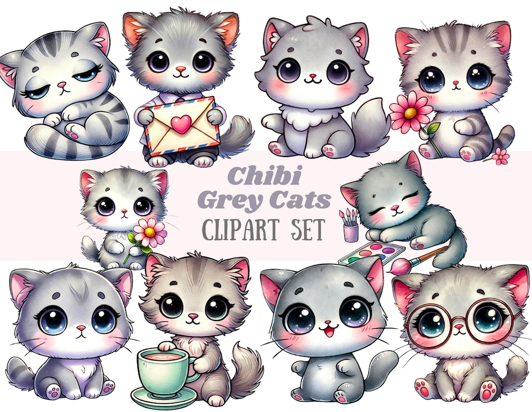 Watercolour Chibi Grey Cat Clipart Cute Grey Tabby Kitty Cat PNG ...