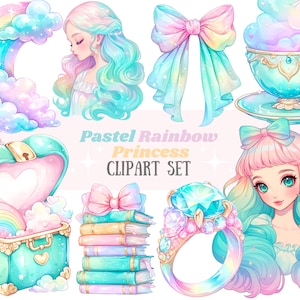 Watercolour Pastel Rainbow Princess Clipart Kawaii Anime Girl PNG ...