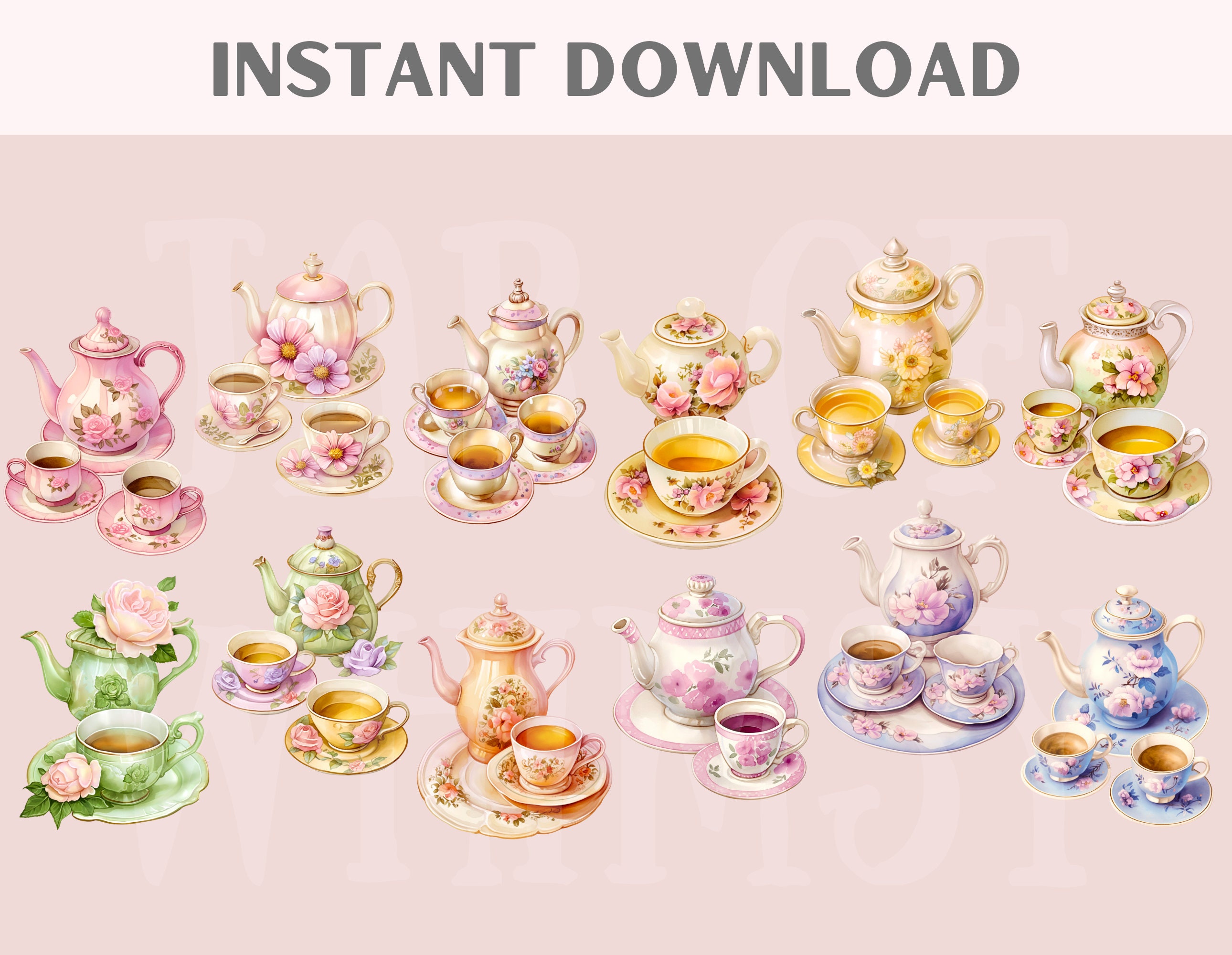 Watercolour Tea Set Clipart Vintage Teacup Teapot Tea Party PNG Digital ...