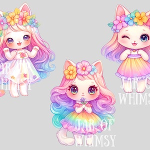 Watercolour Kawaii Spring Cat Clipart Cute Chibi Cat PNG Digital Image ...