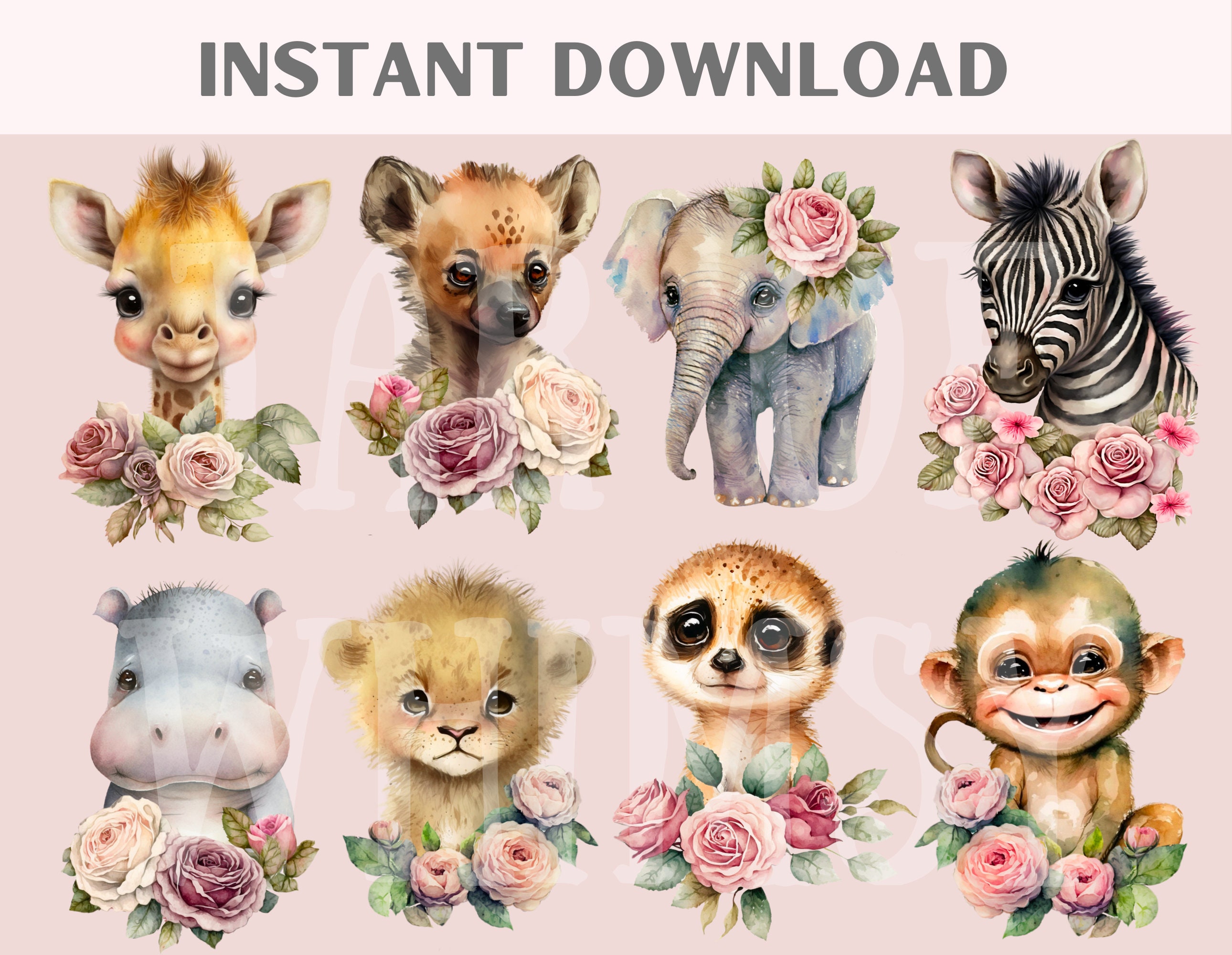 Watercolour Baby Safari Animals Clipart - African Animals PNG Digital ...