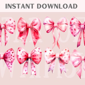 Watercolour Valentine Bows Clipart Pink and Red Heart Bow PNG Digital ...