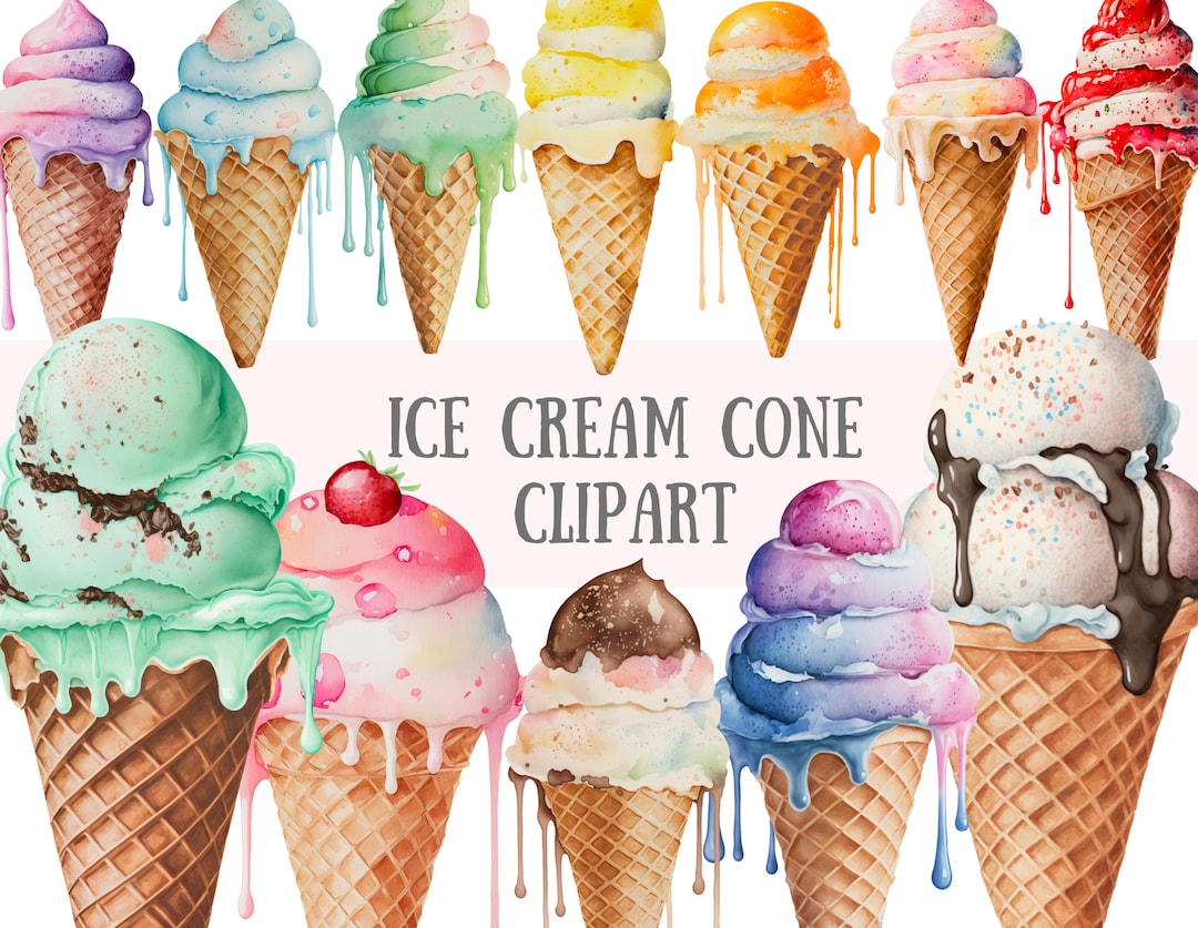 Watercolour Ice Cream Cone Clipart - Summer PNG Digital Image Downloads ...