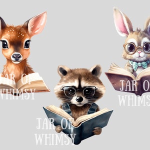 Watercolour Woodland Bookworm Clipart Animals Reading PNG Digital Image ...
