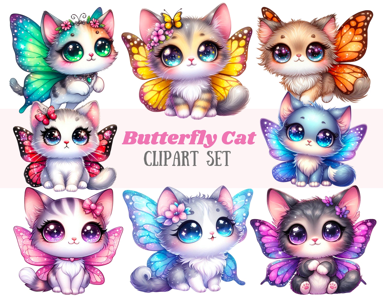 Watercolour Butterfly Cat Clipart Cute Fairy Cats PNG Digital Image ...
