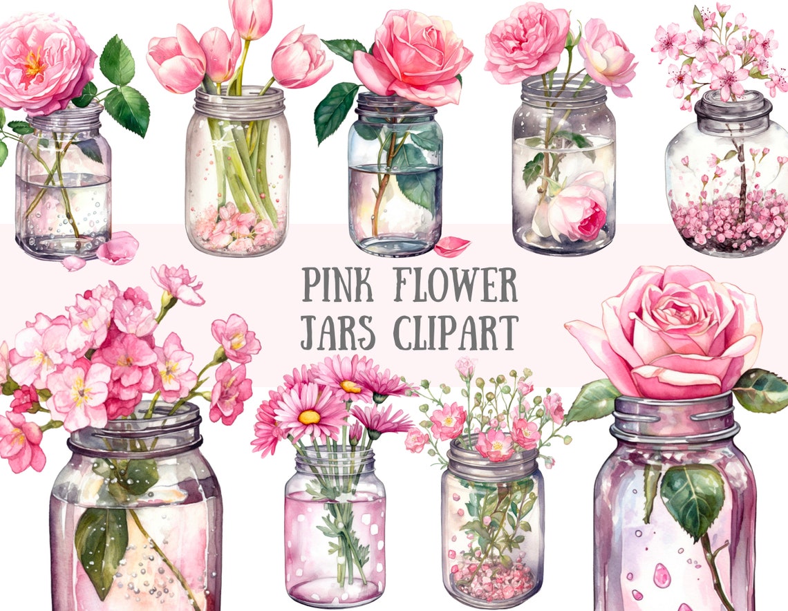 Watercolour Pink Flower Jar Clipart Rose Tulip Gerbera PNG Digital ...