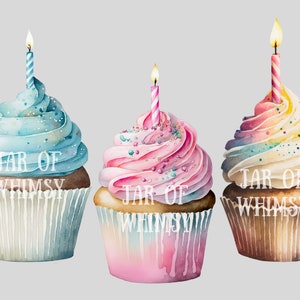 Watercolour Birthday Candle Cupcake Clipart Birthday Cake PNG Digital ...